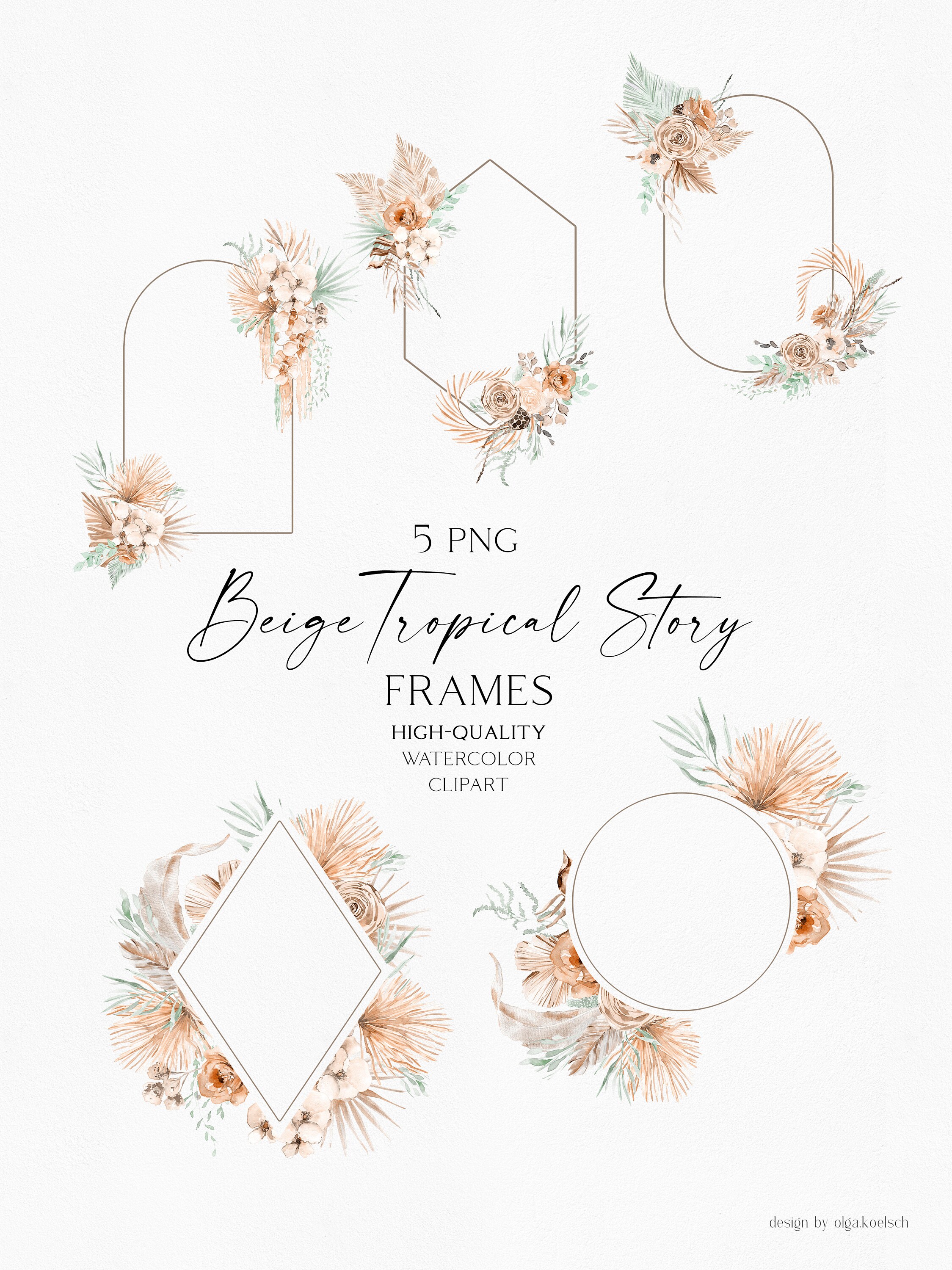Watercolor Boho Floral Clipart, Tropical Leaves and Roses Bouquets Png ...