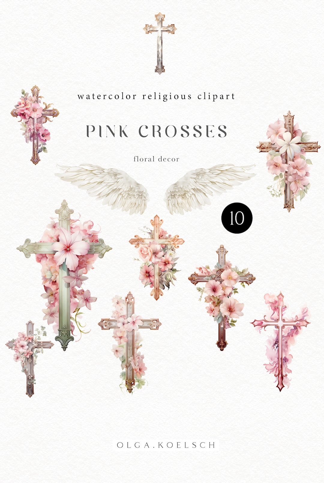 Watercolor Pink Floral Cross Clipart, Religious Easter Clipart, Baptism ...