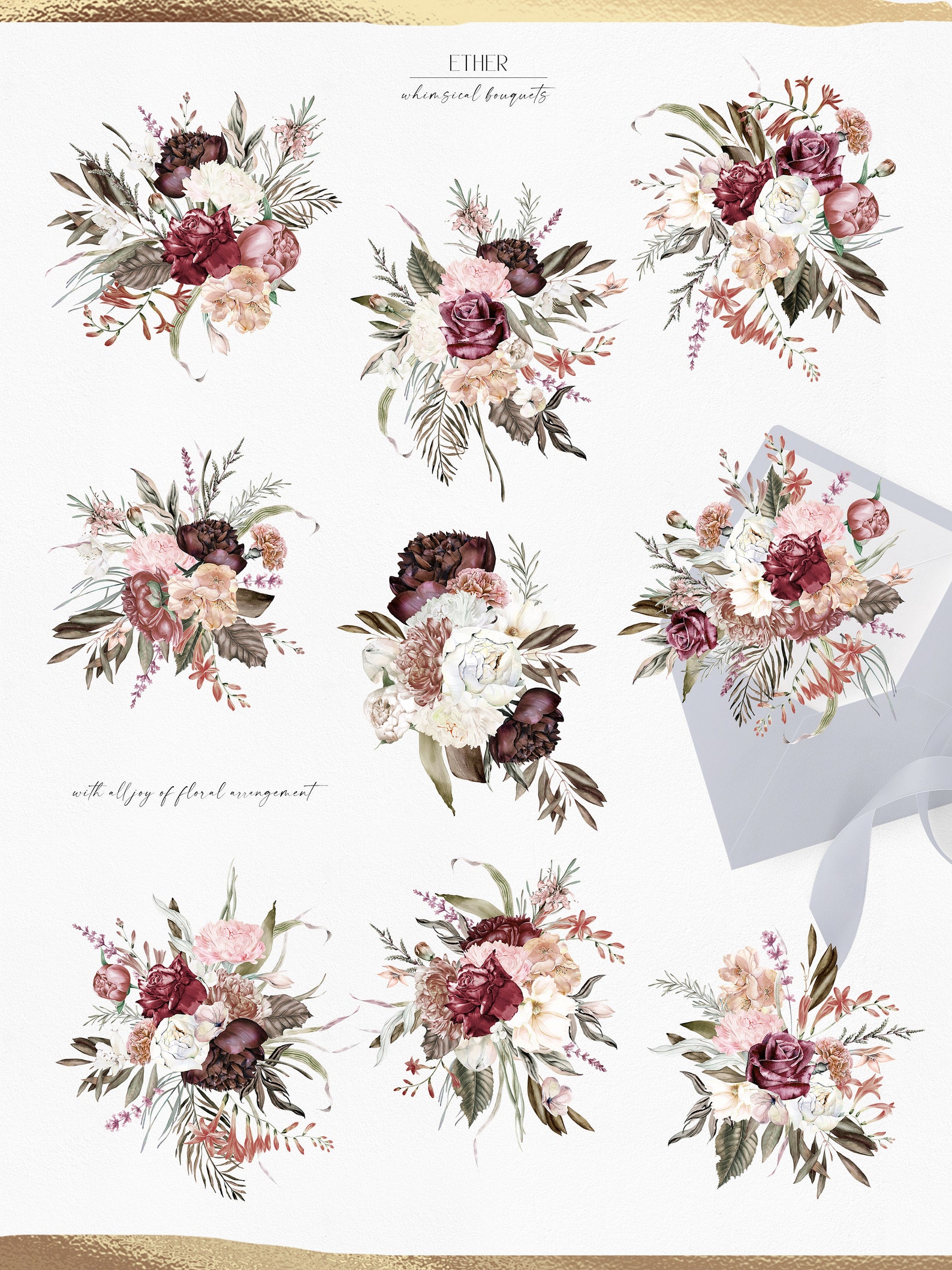 Watercolor Boho Flower Clipart Burgundy Watercolor Bouquet - Etsy