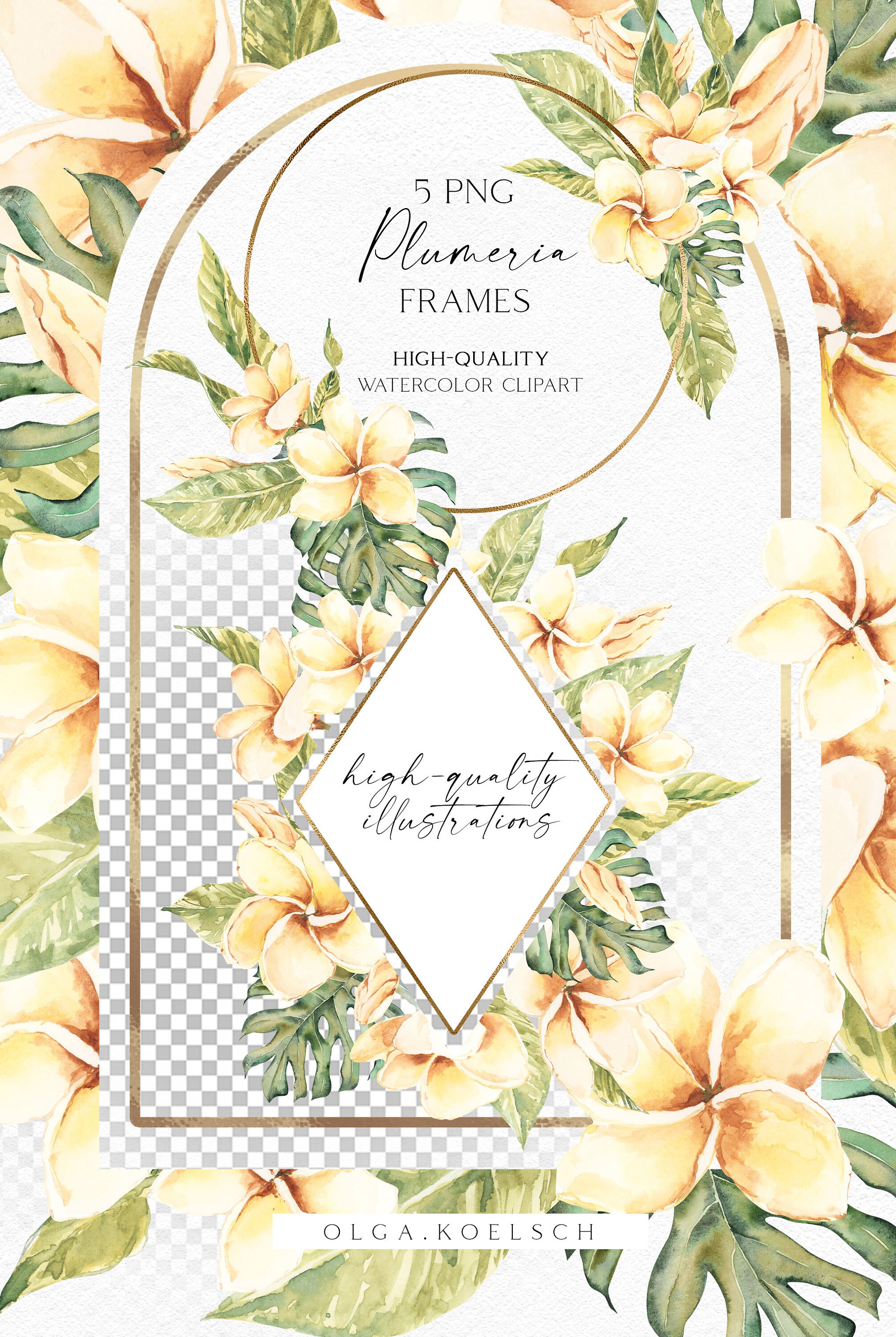 Boho Gold Frame Clipart Watercolor Plumeria Tropical Leaves | Etsy