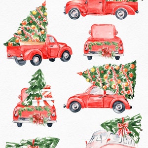 Watercolor Red Christmas Truck Clipart, Christmas Tree PNG (3000x3000 ...