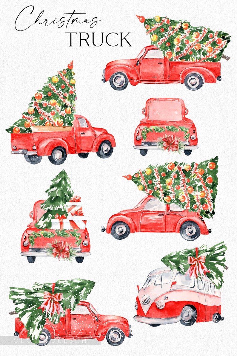 Watercolor Red Christmas Truck Clipart, Christmas Tree PNG (3000x3000 ...