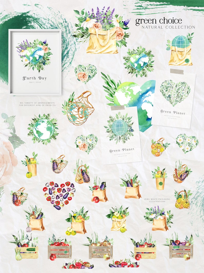 Watercolor Ecology Clipart Greenery Clipart for Eco Shop | Etsy