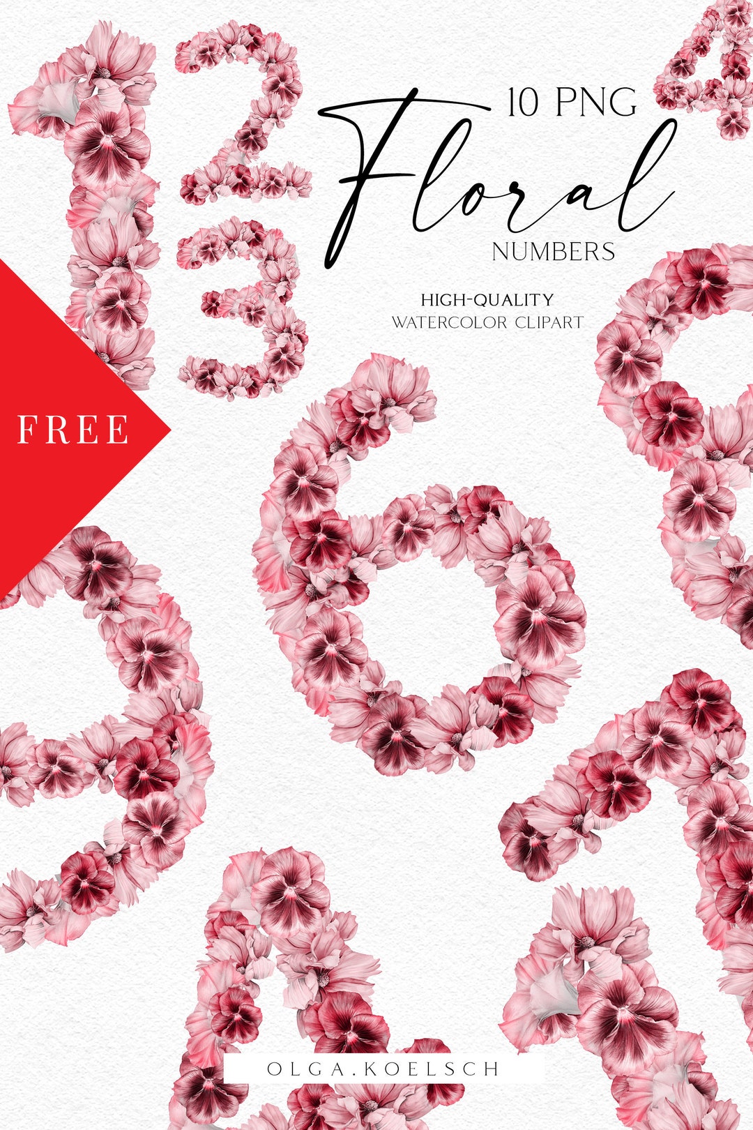 FREEBIE Clipart, Watercolor Floral Numbers Clipart, Birthday Pink ...