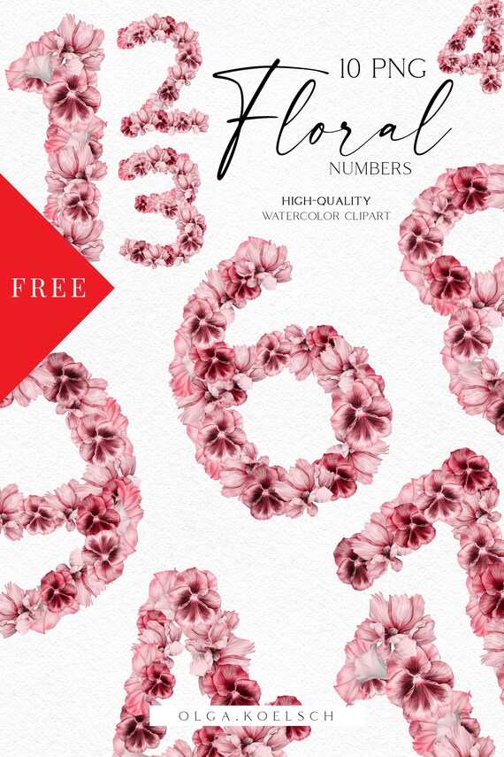 FREEBIE Clipart Watercolor floral numbers clipart Birthday | Etsy