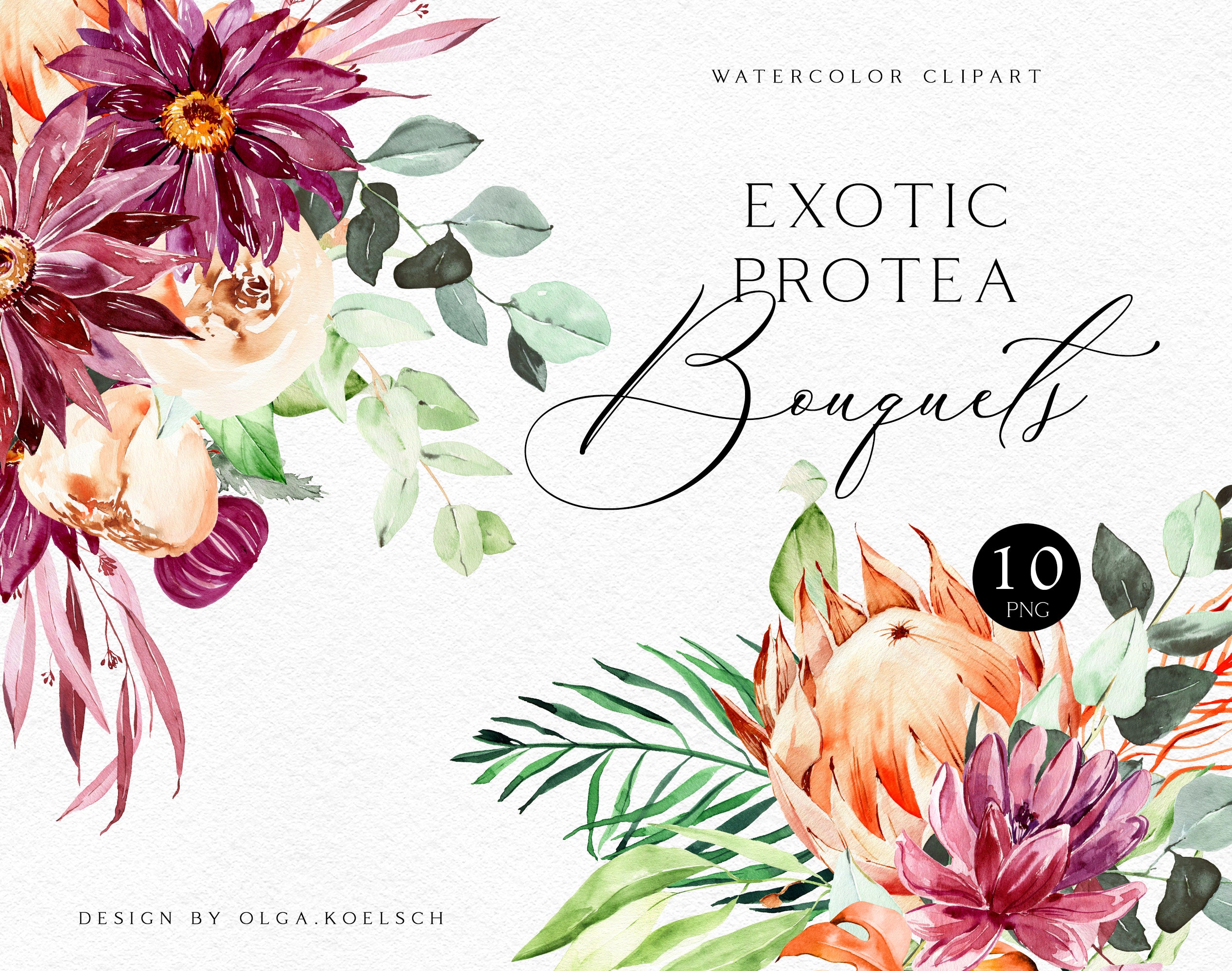 Watercolor Burgundy Flowers Clipart. Tropical Floral Bouquet - Etsy