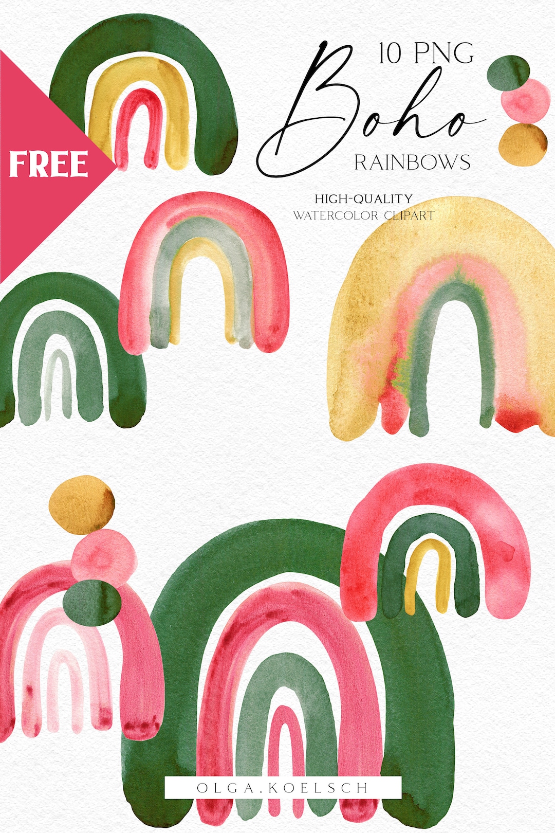 FREEBIE Clipart, Watercolor Boho Rainbow Clipart, Rainbow Digital ...