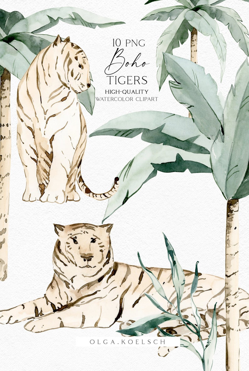 Watercolor Boho Tropical Clipart, Tigers Clipart, Wild Animals - Tiger ...