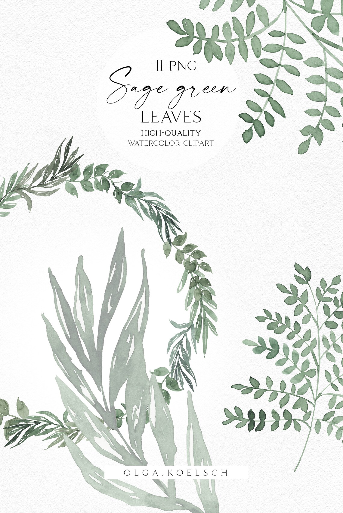 Watercolor Greenery Clipart Sage Green Leaves Png Gold and - Etsy