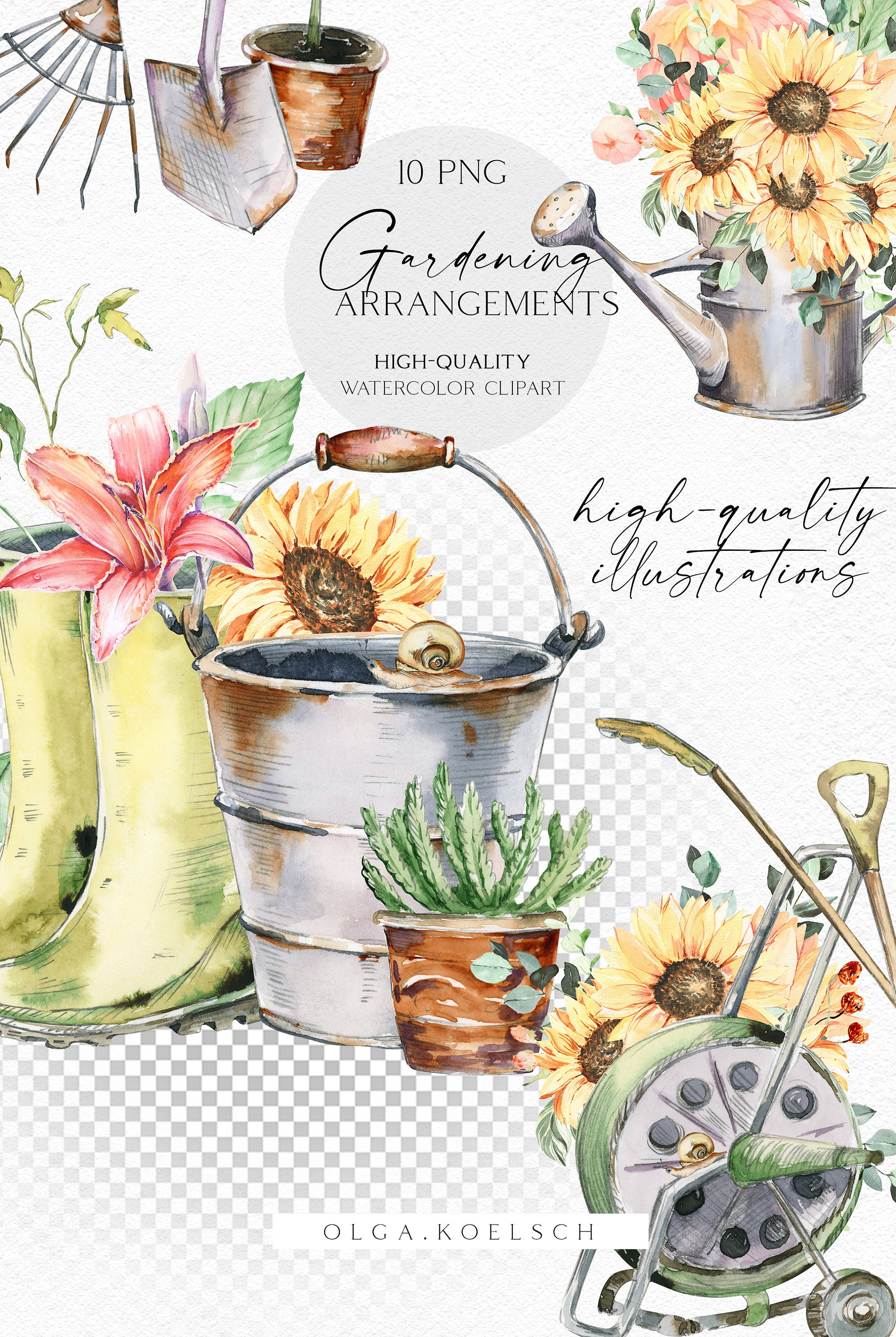 Watercolor Gardening Clipart Hand-painted Garden Tools Png - Etsy