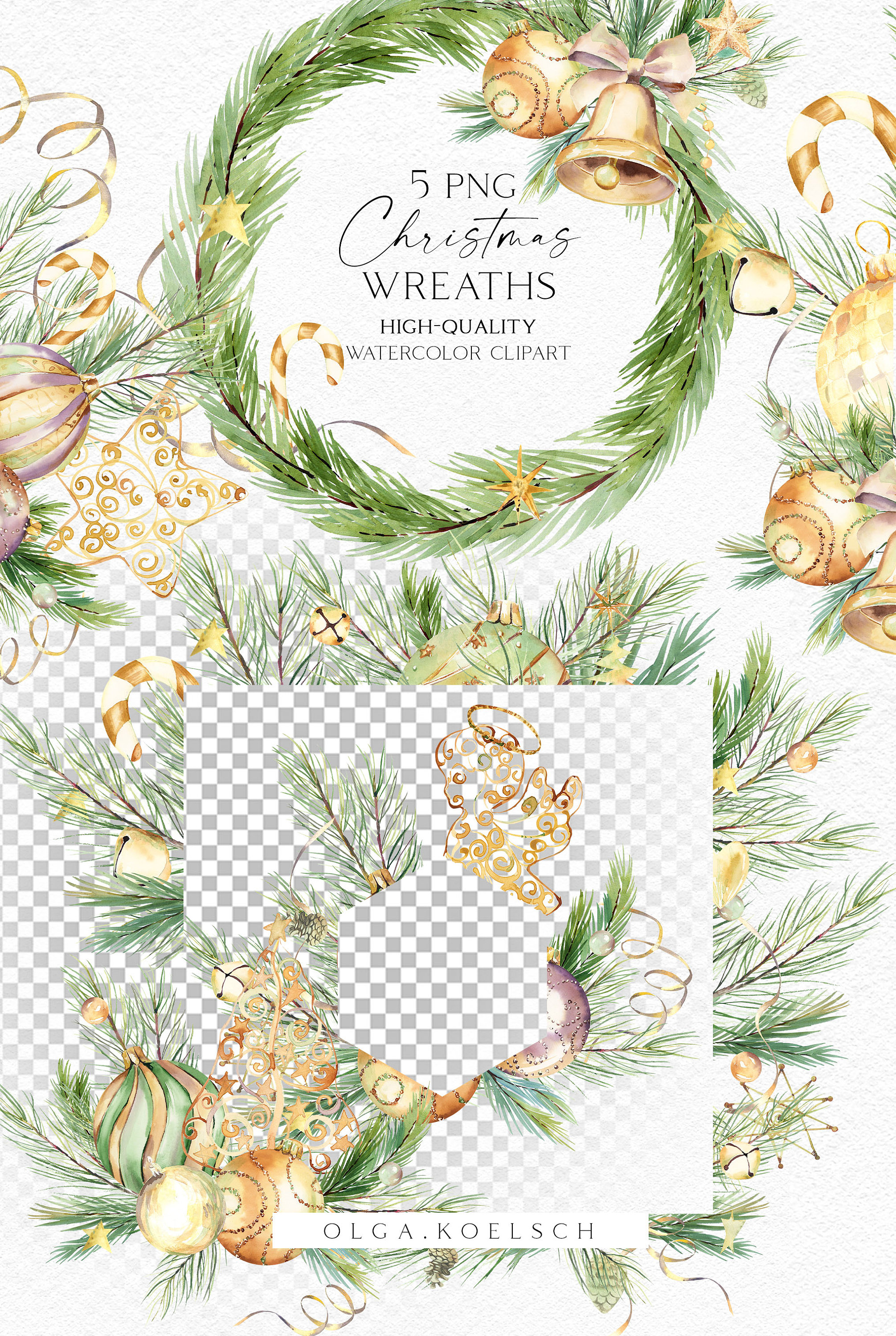 Gold Christmas Wreath Clipart Watercolor Christmas Frames for | Etsy