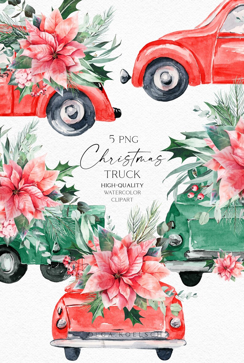 Red Christmas Truck Clipart Watercolor Green Christmas Truck - Etsy