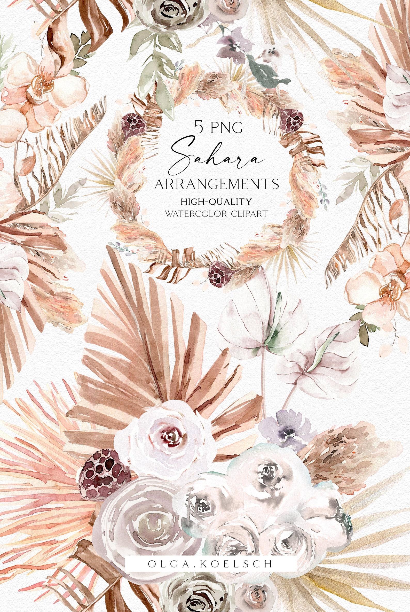 Watercolor Boho Floral Clipart, Palm Boho Bouquets Png, Dried Floral ...