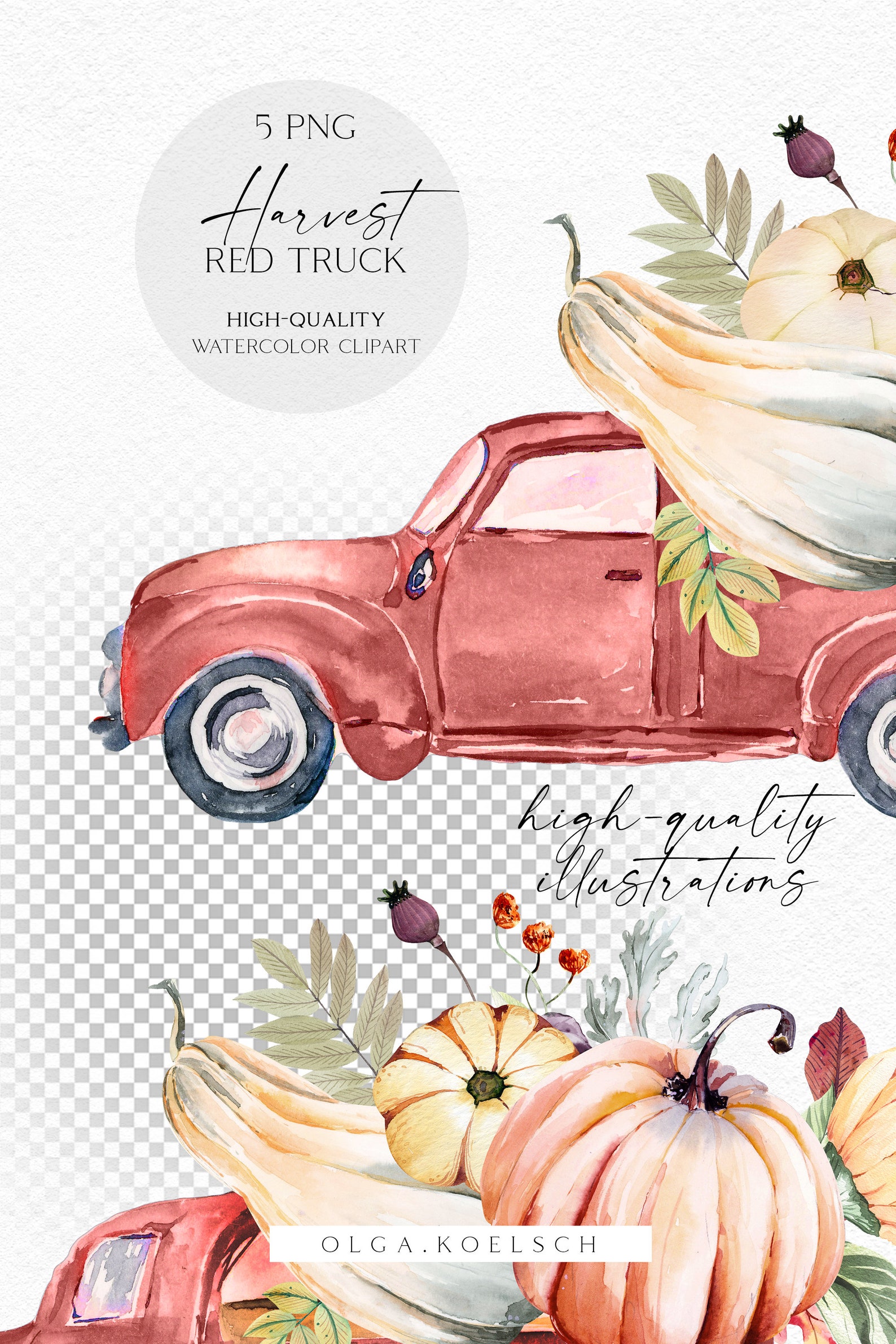 Watercolor Fall Truck Clipart, Pumpkin Harvest Farm Clipart, Garden ...