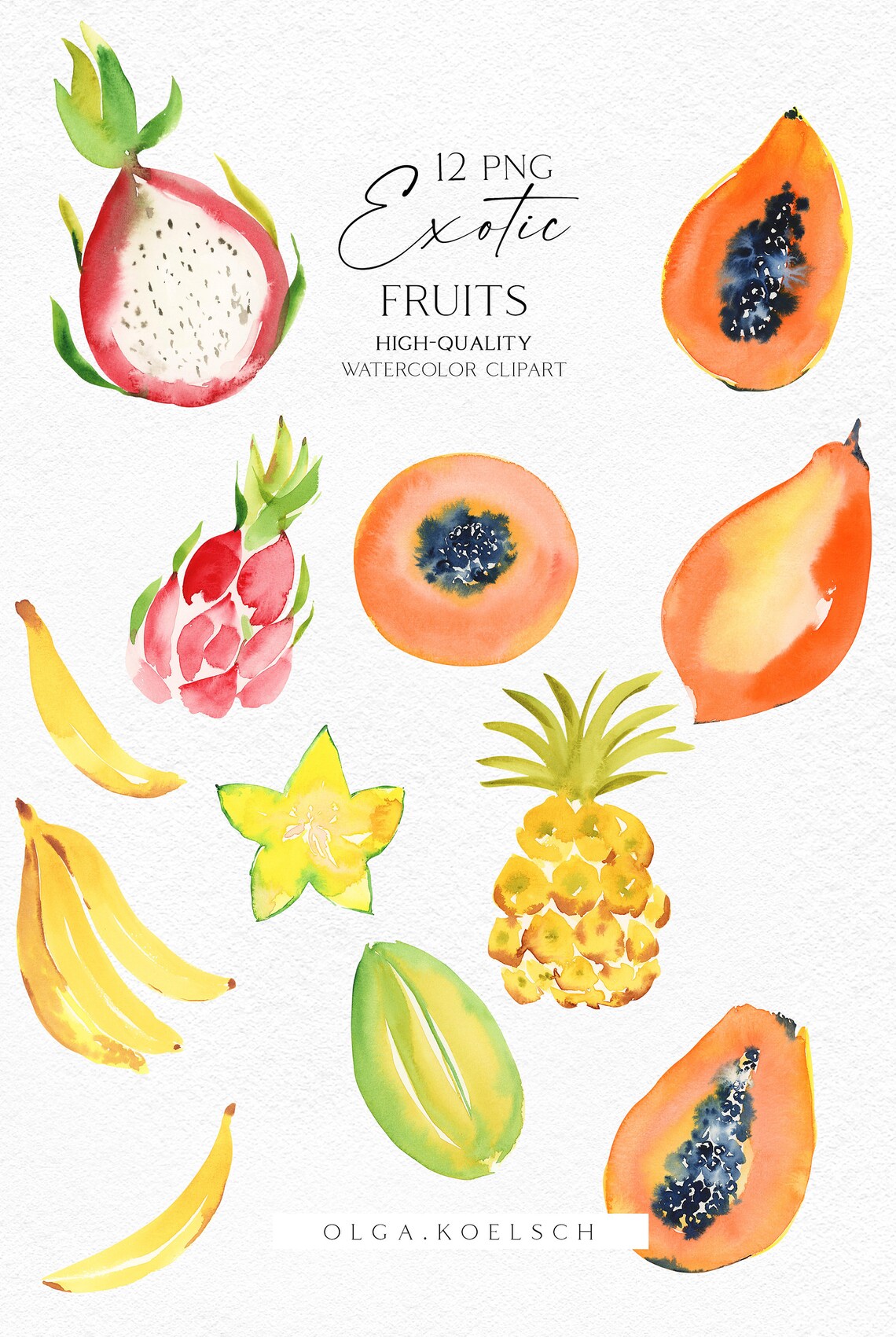Watercolor Fruit Clipart Exotic Tropical Fruits Png Fro - Etsy