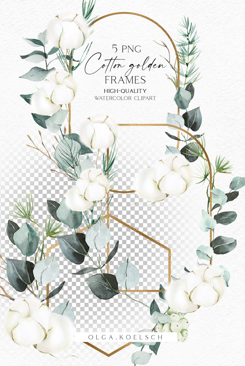 Watercolor Cotton Frame Clip Art Eucalyptus Frames Png | Etsy