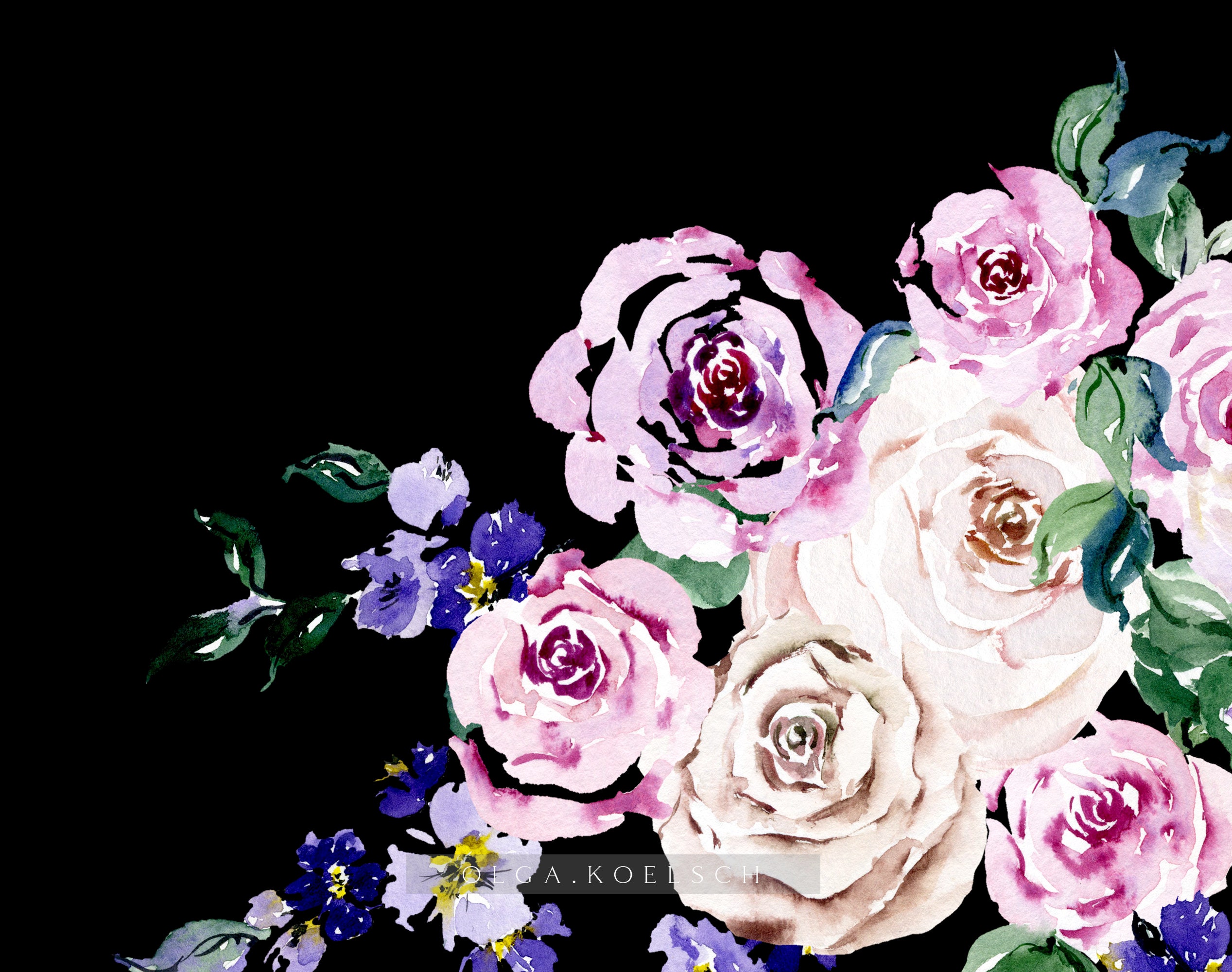 Watercolor Boho Roses Clipart Pink and Purple Floral Png for - Etsy