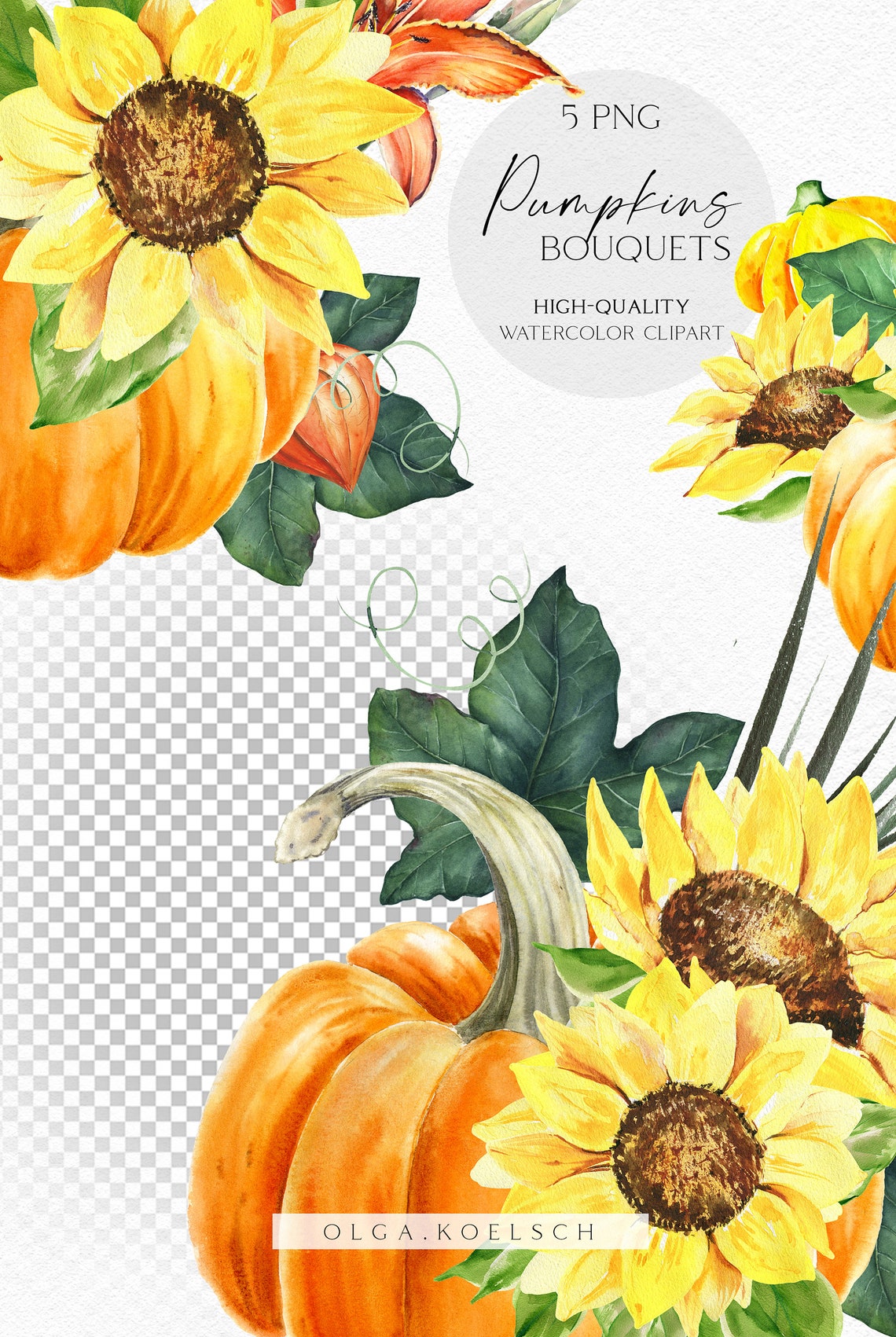 Watercolor Sunflower Clipart, Pumpkin Fall Bouquets (PNG) - Etsy