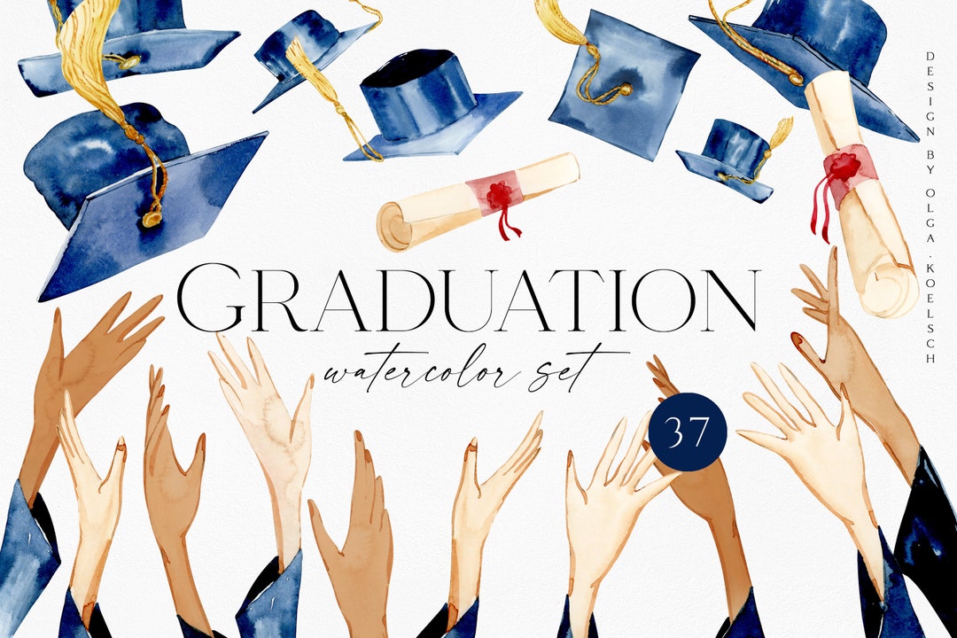 Graduation Clipart, Watercolor Graduation Clip Art. Grad Cap, Diploma ...