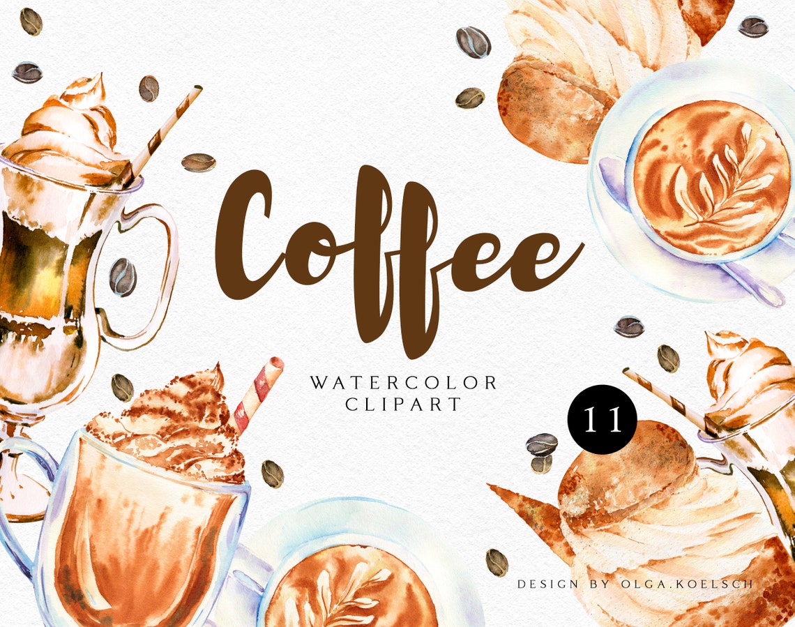 Watercolor Coffee Clipart, Latte, Desserts (PNG) - Etsy