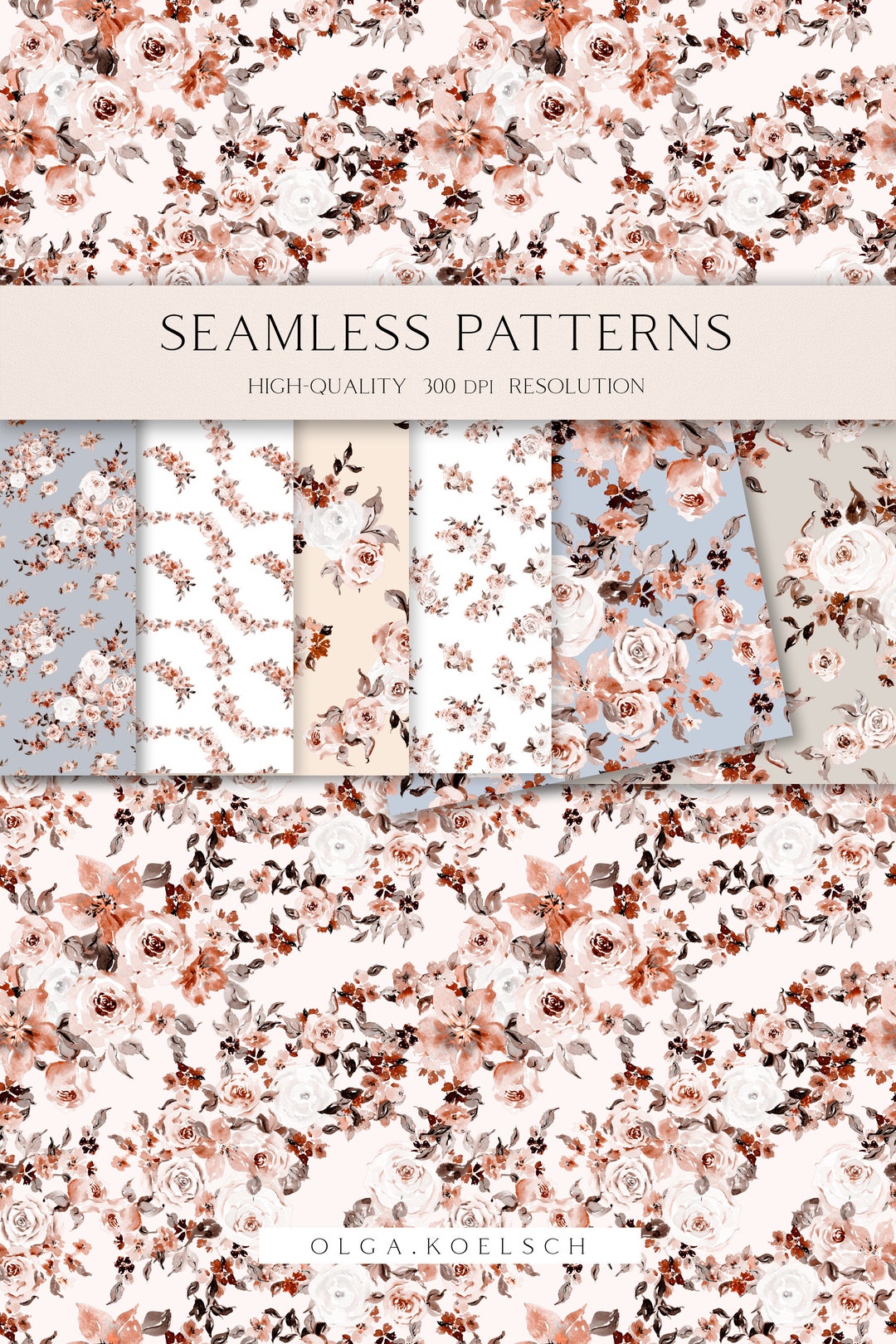 Boho Roses Seamless Pattern for Fabric, Brown Roses Digital Paper ...