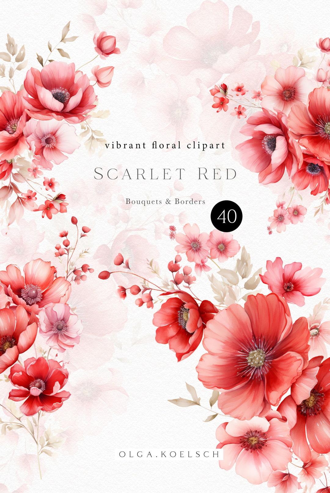 Watercolor Red Flower Clipart, Red and Blush Poppy PNG, Floral Wedding ...