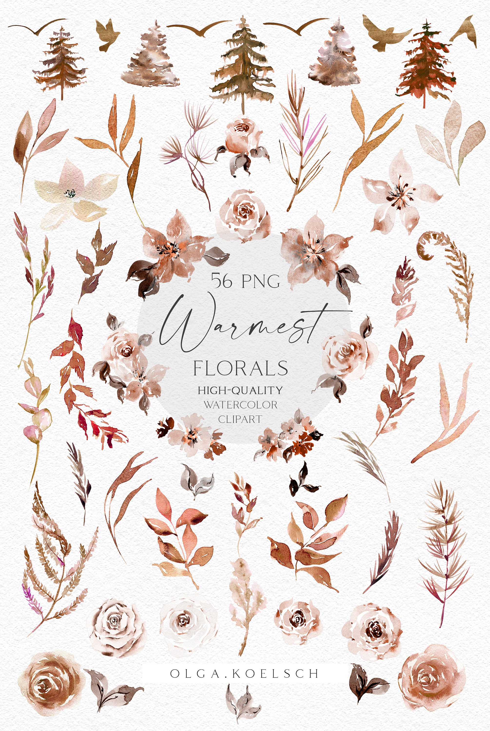 Watercolor Boho Flowers Clipart Autumn Flowers Png Greenery - Etsy