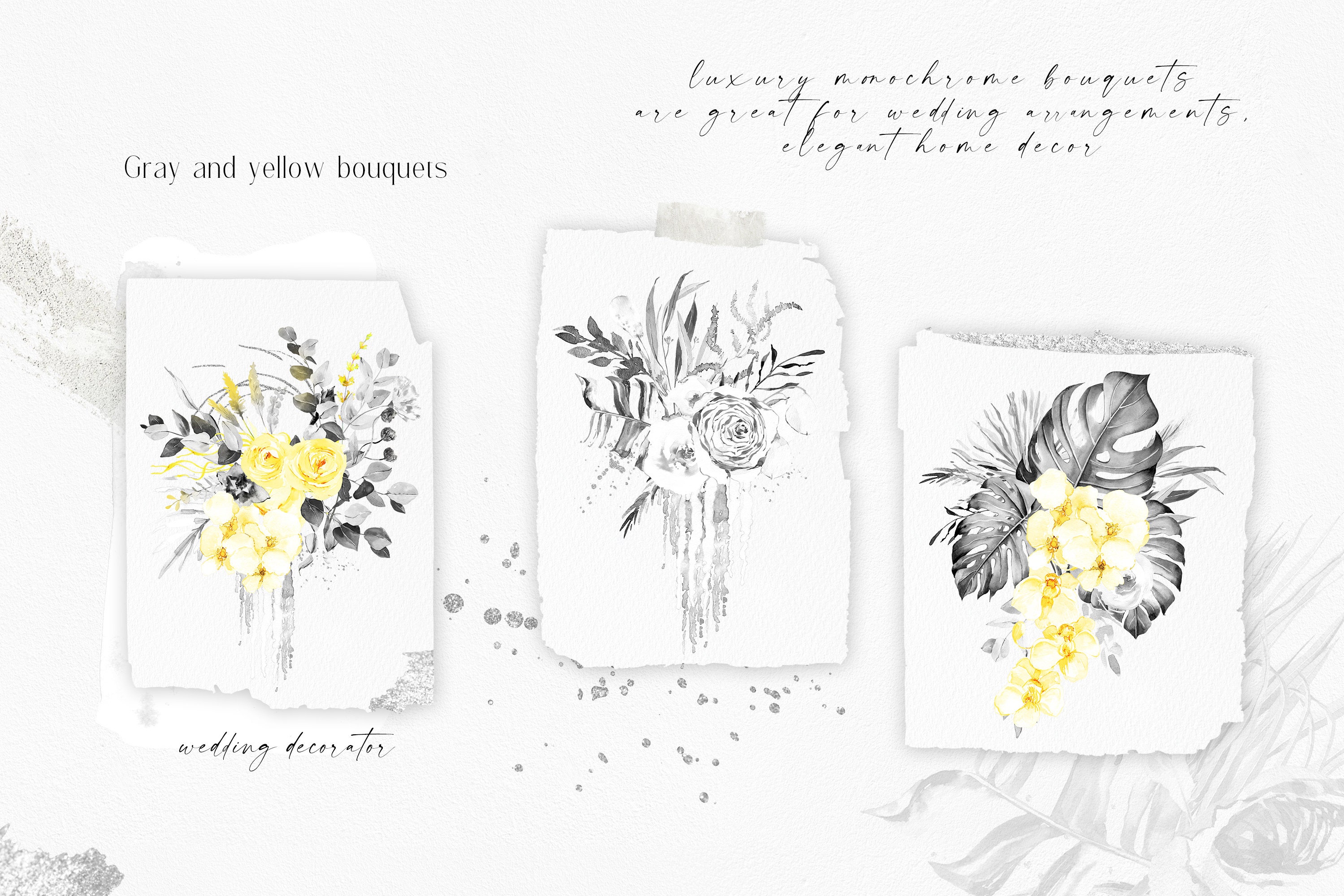 Boho Tropical Watercolor Floral Clipart, Black and White Flowers ...