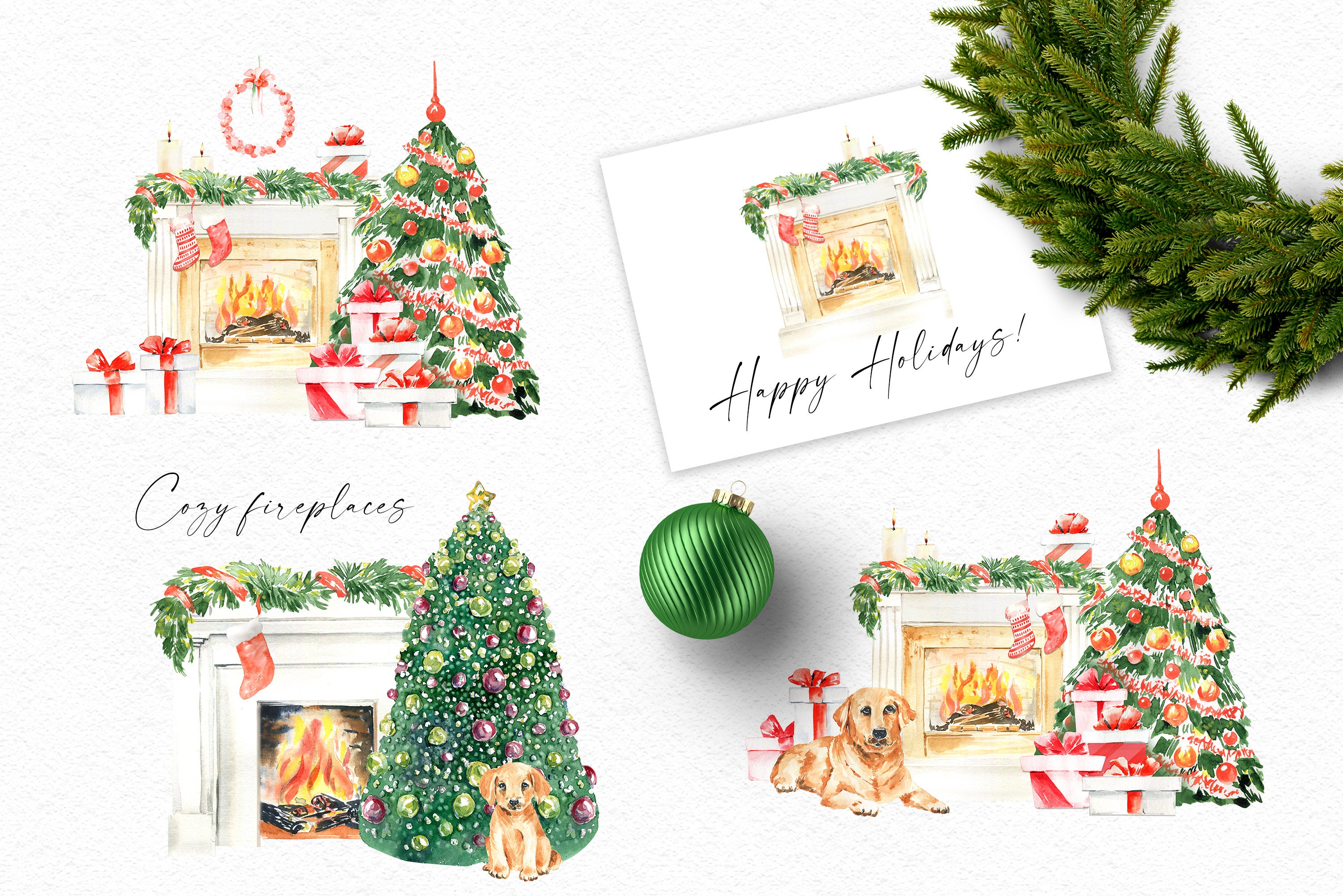 Watercolor Hygge Clipart, Fireplace and Dog Holiday Clip Art, Cozy ...