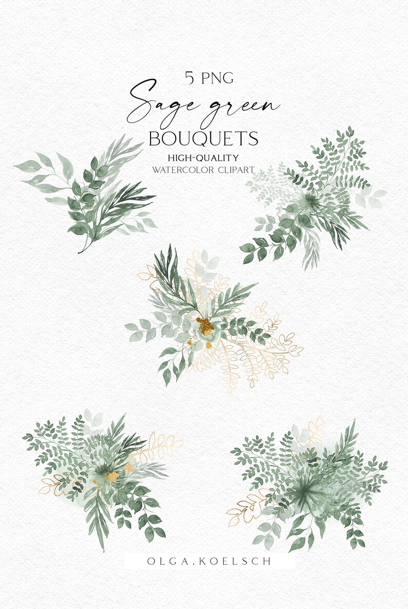 Watercolor Greenery Clipart Sage Green Bouquet Png Gold and | Etsy