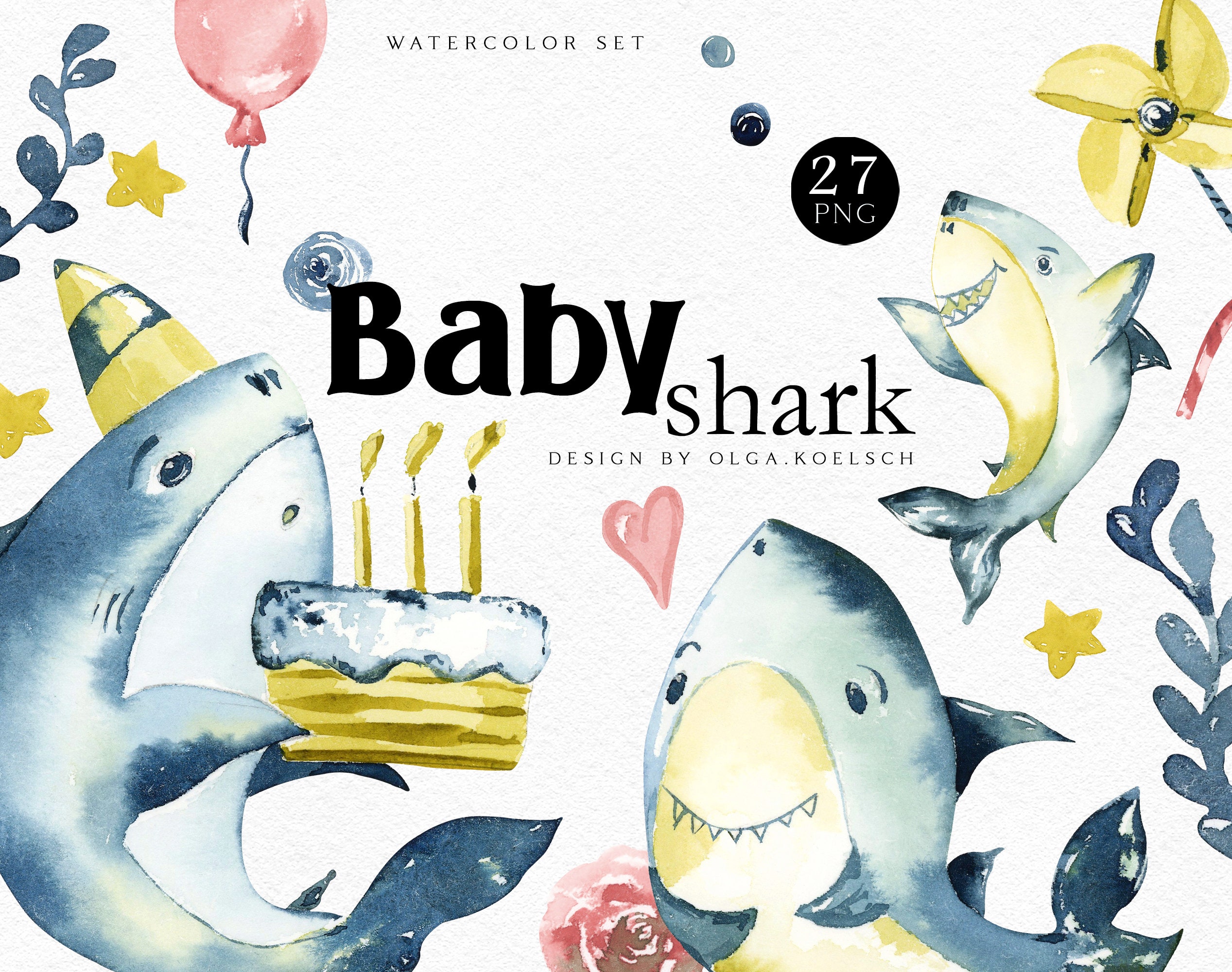 Baby Shark Birthday Clipart, Watercolor Nautical Baby Shower, Stickers ...