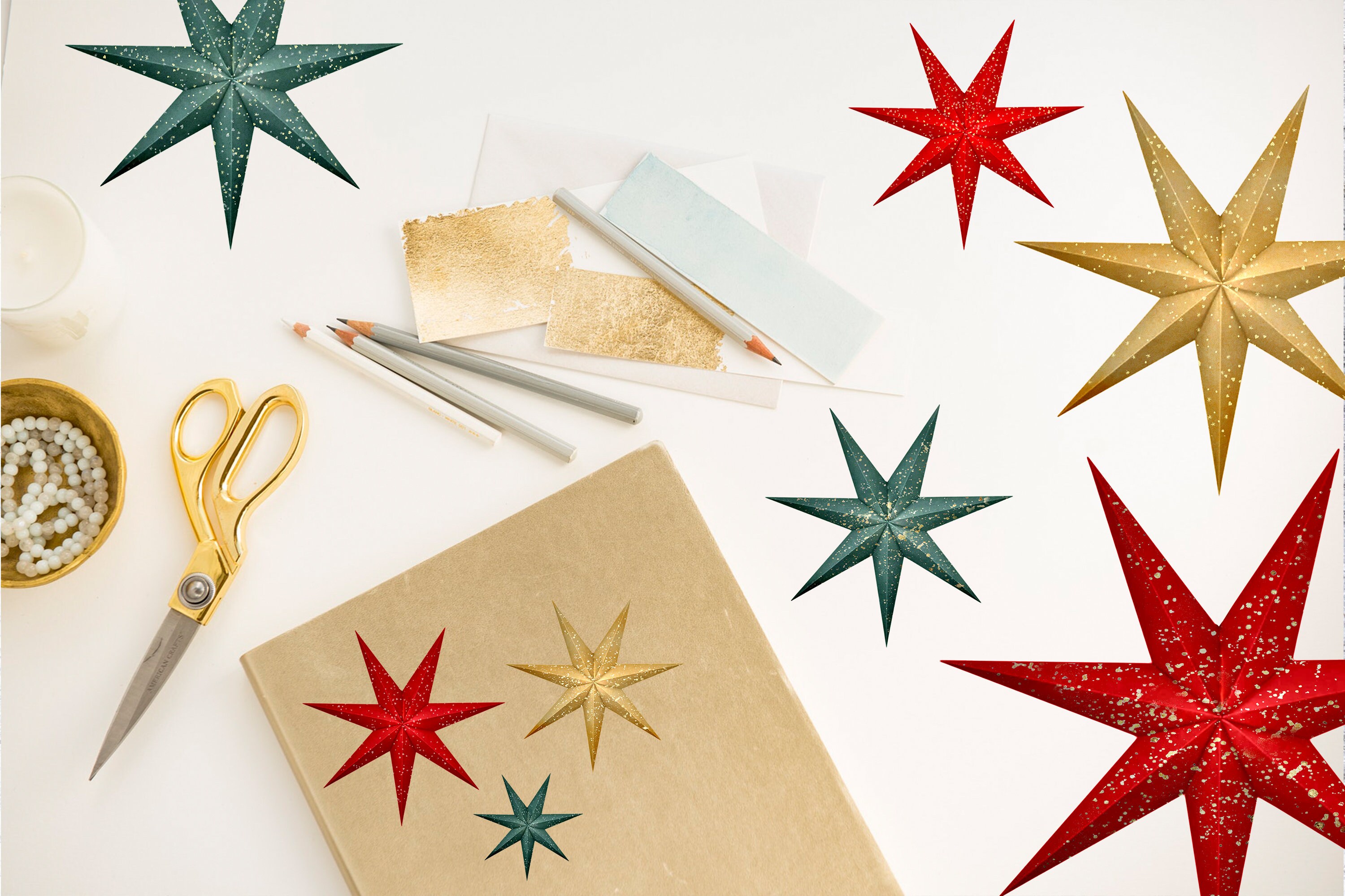 Watercolor Christmas Stars Clipart Gold Green Red Christmas - Etsy