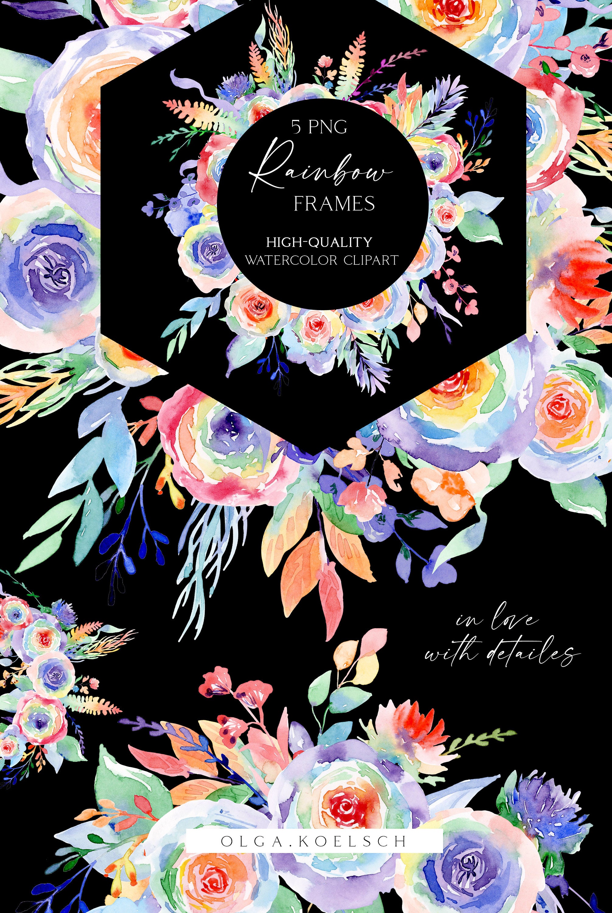 Boho Rainbow Floral Frame Clipart, Watercolor Floral Borders Png ...