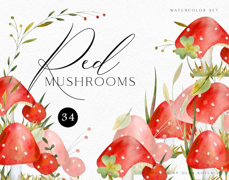 Watercolor mushroom clipart Forest mushrooms png red cute | Etsy
