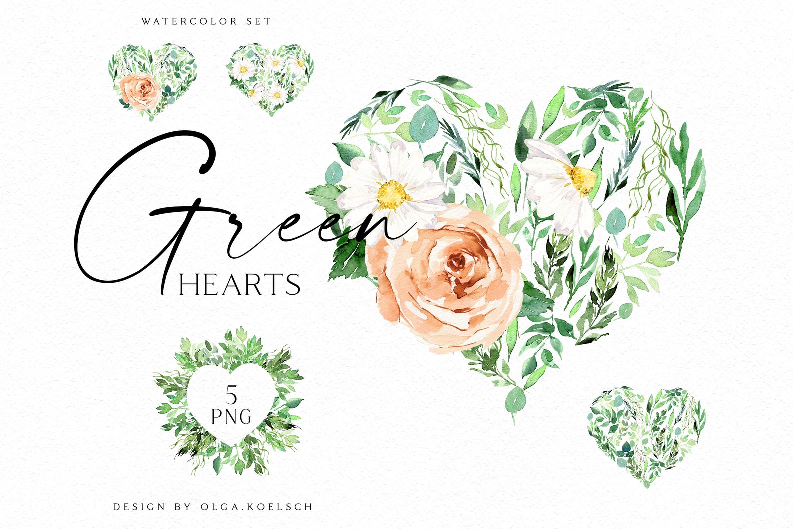 Watercolor Green Heart Clipart Valentine Clipart Floral - Etsy