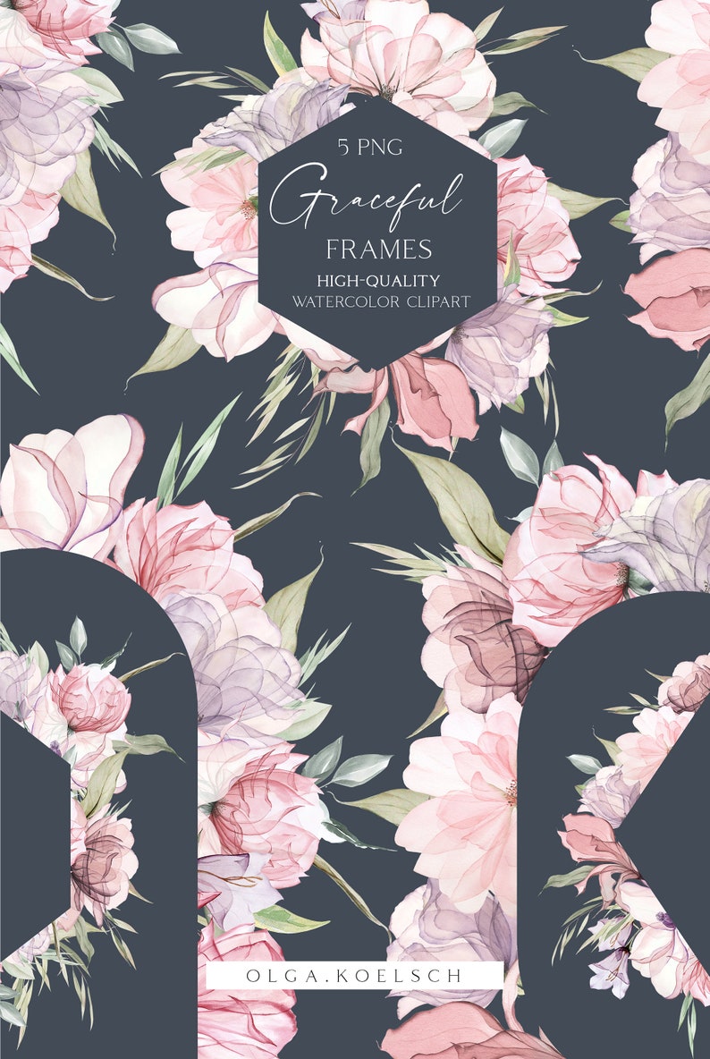 Boho Rose Frames Clipart, Dusty Pink Watercolor Floral Borders Png ...