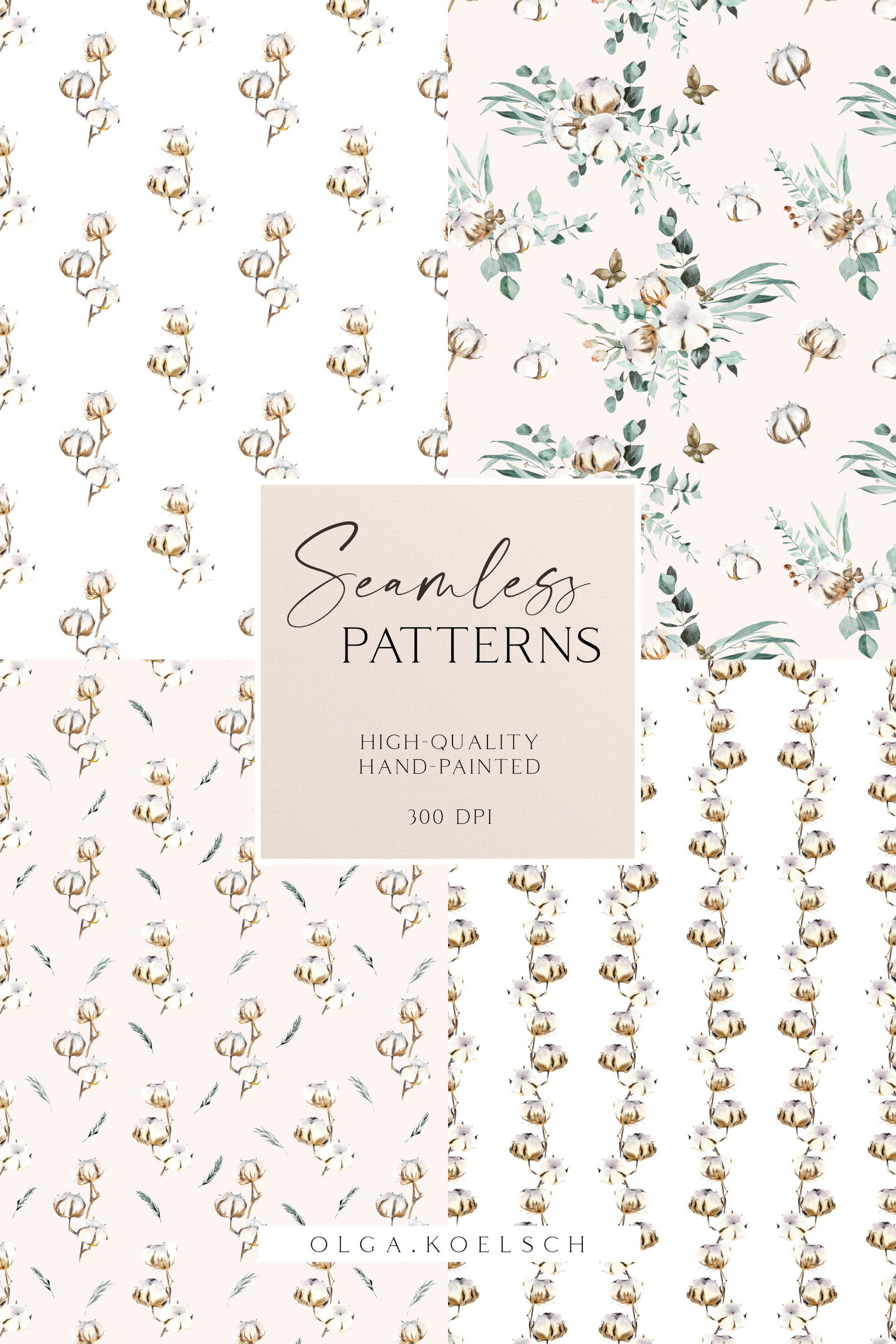 Watercolor Cotton Seamless Pattern, Eucalyptus Seamless Paper for ...