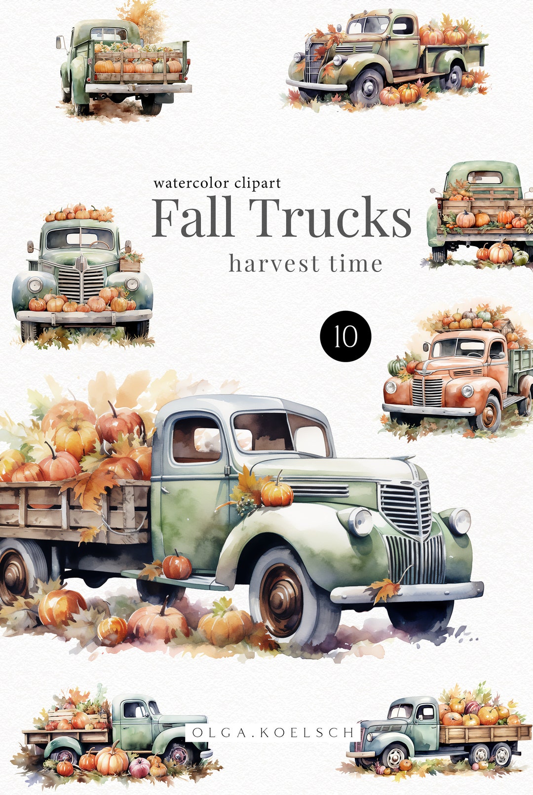 Watercolor Harvest Truck Clipart, Pumpkin Farmhouse Gardening Clipart ...