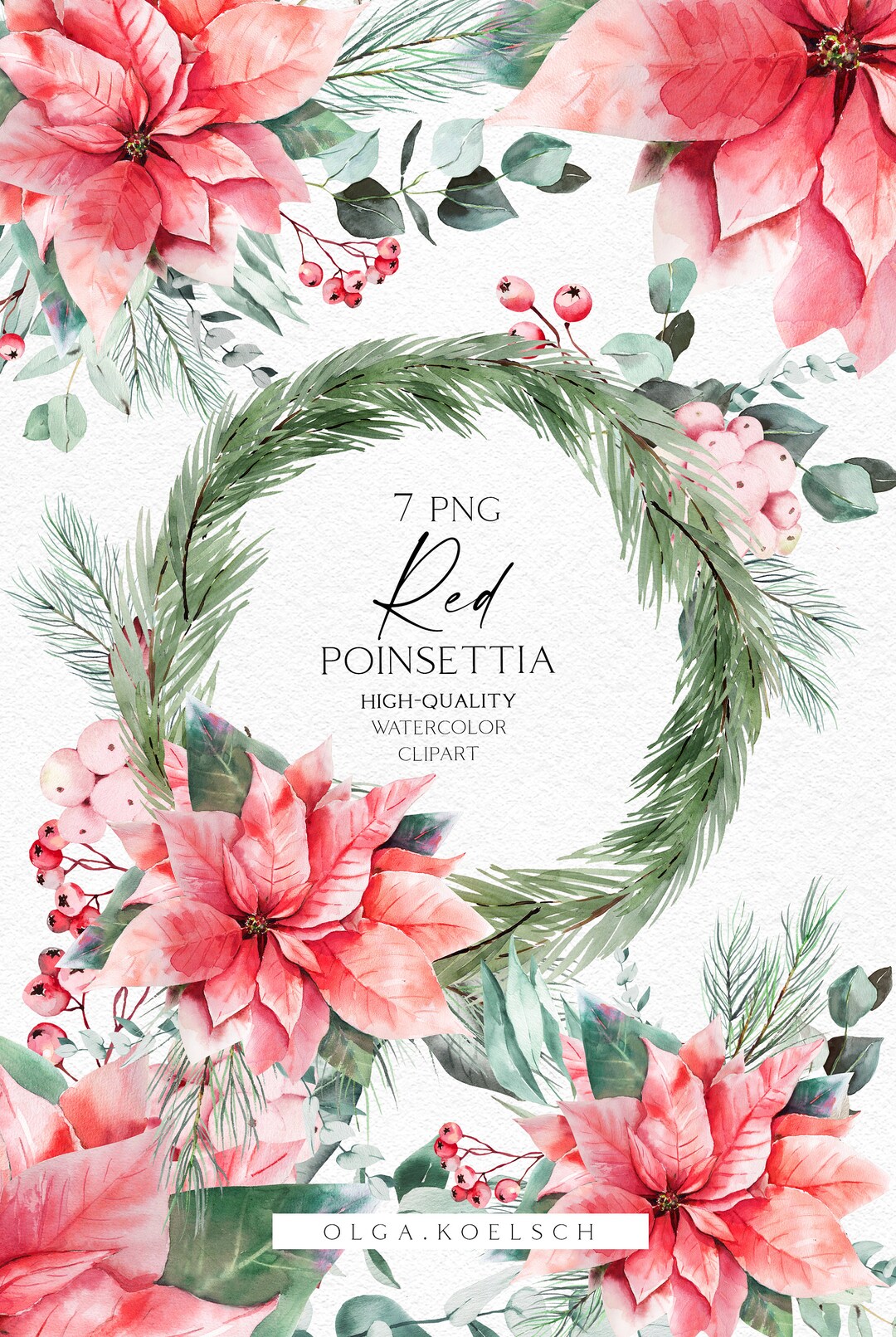 Watercolor Poinsettia Clipart, Red Poinsettia Wreath Png, Christmas ...