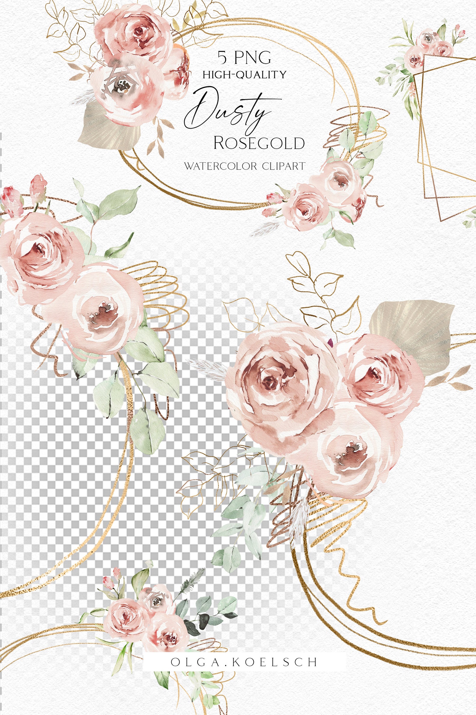 Boho Roses Gold Glitter Frame Clipart Watercolor Floral - Etsy