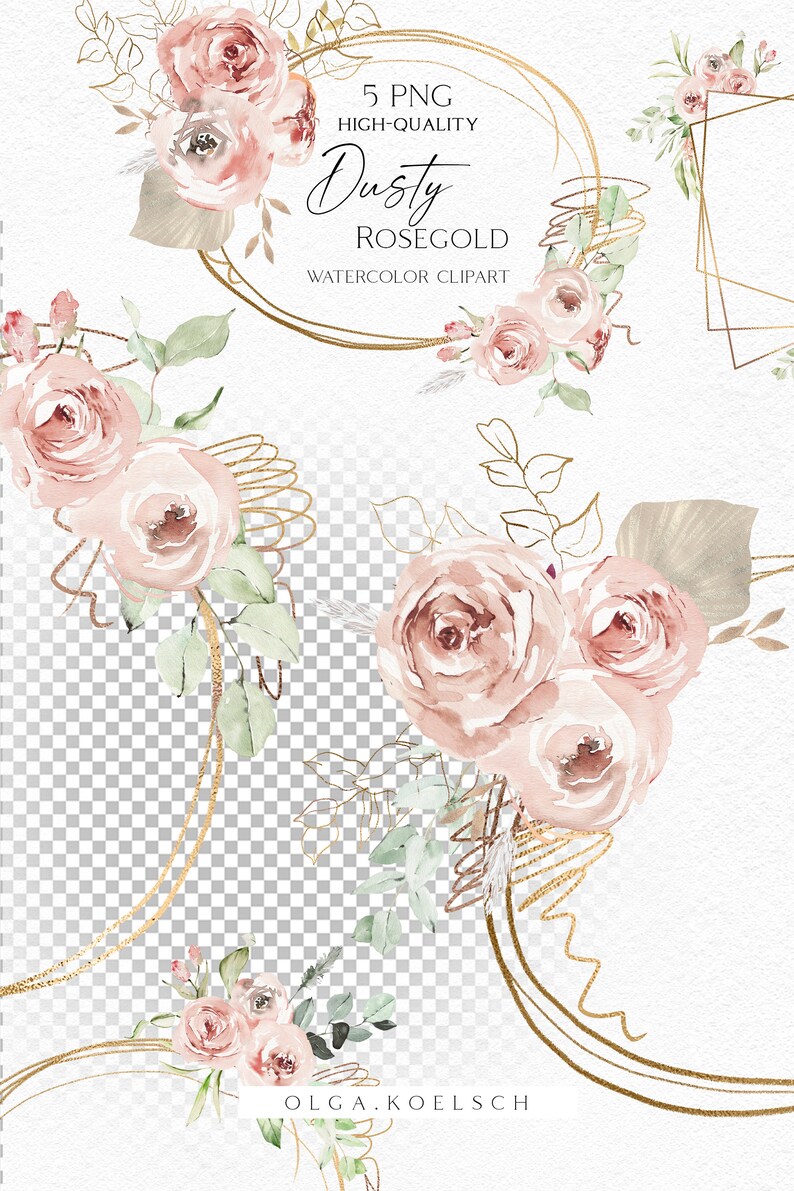 Boho Roses Gold Glitter Frame Clipart, Watercolor Floral Borders Png ...