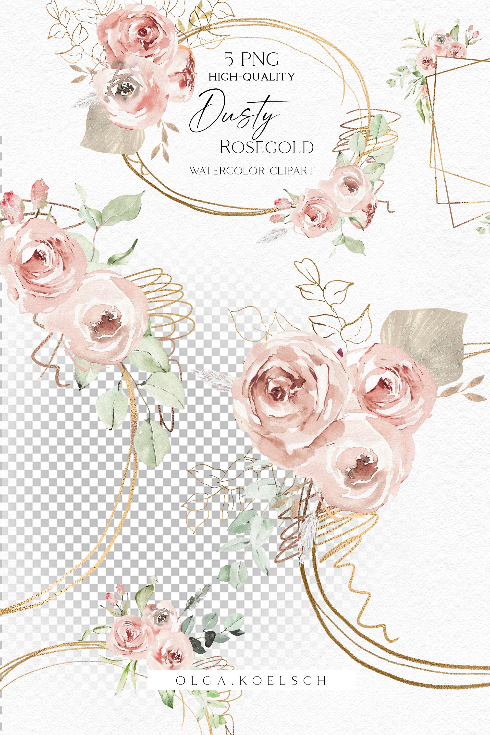 Boho Roses Gold Glitter Frame Clipart Watercolor Floral - Etsy