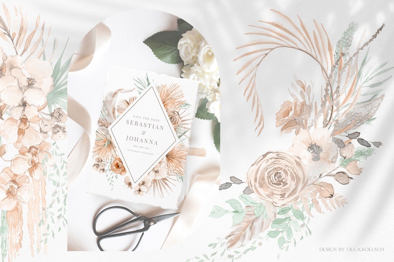 Watercolor Boho Floral Clipart, Tropical Leaves and Roses Bouquets Png ...