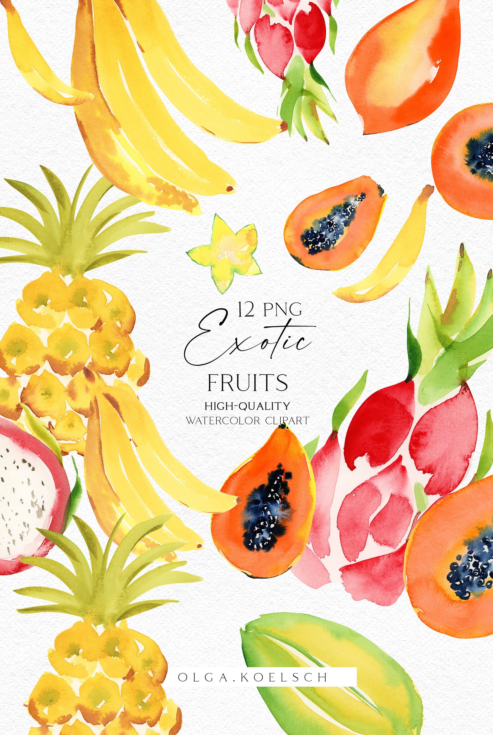 Watercolor Fruit Clipart Exotic Tropical Fruits Png Fro - Etsy