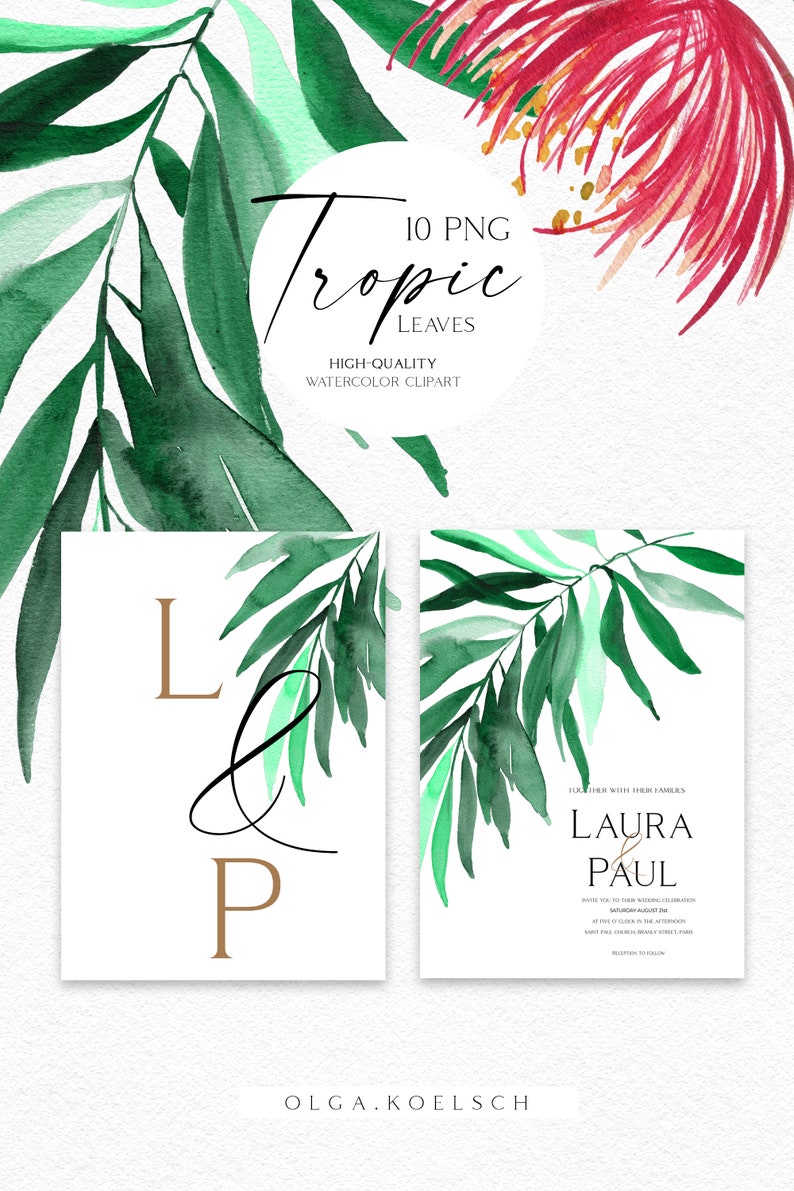 FREEBIE Clipart, Watercolor Tropical Greenery Clipart, Wedding ...