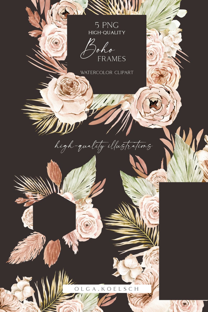 Watercolor Boho Floral Frame Dried Flower Logo Png Tropical - Etsy