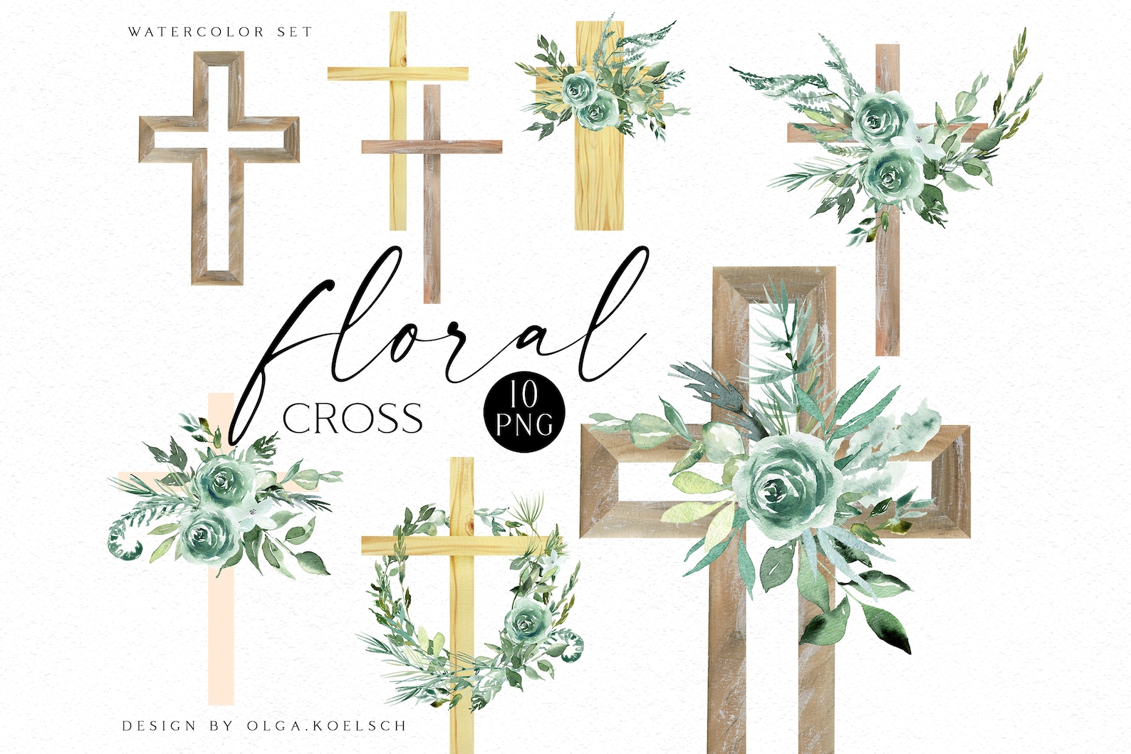 Watercolor Greenery Wooden Cross Clipart, Baptism Cross, Religious ...
