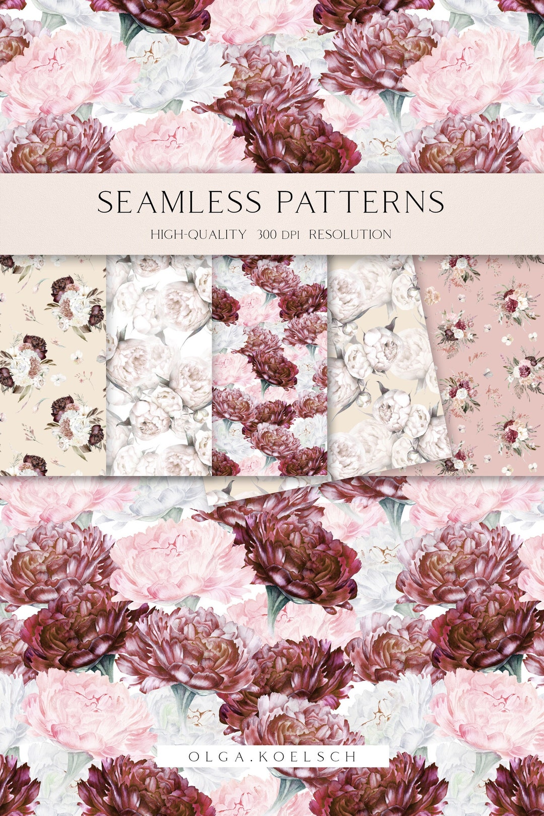 Boho Flowers Watercolor Digital Paper, Dusty Pink Burgundy Peony ...