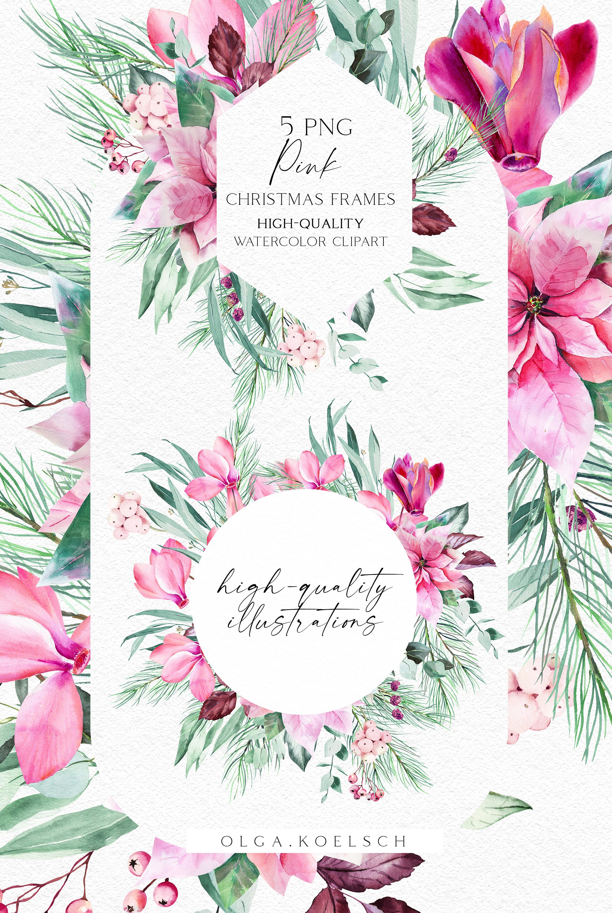 Watercolor Pink Christmas Frames Clipart Pink Poinsettia | Etsy