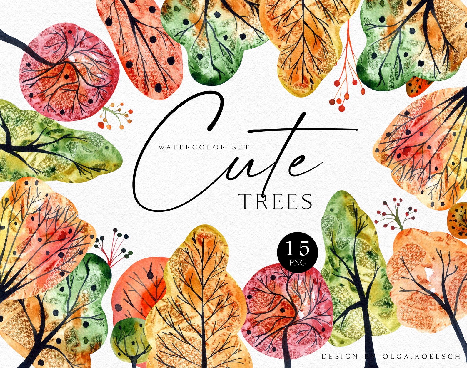 Watercolor Forest Clipart, Cute Fall Trees PNG (digital Download) - Etsy